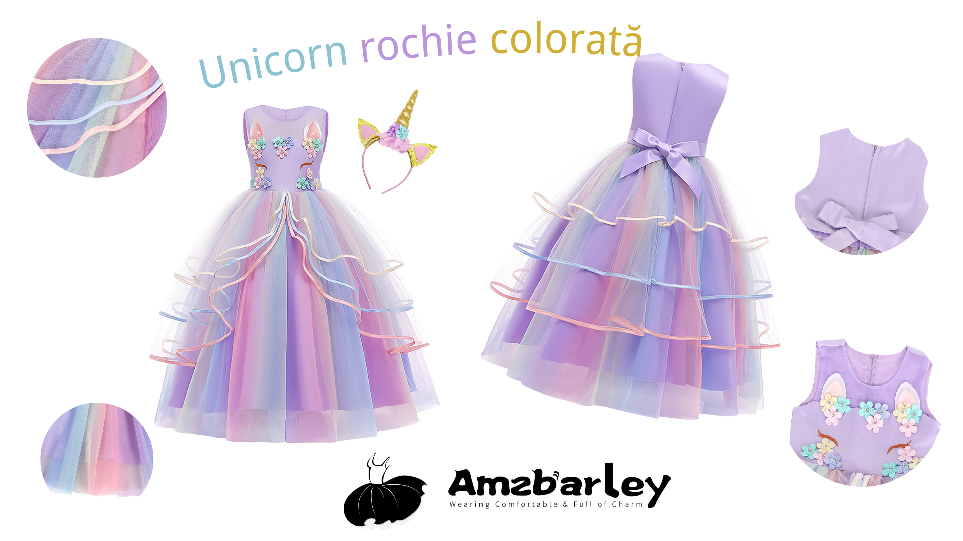 Rochie Unicorn, AmzBarley, 11-12 ani, 150 cm, Mov - eMAG.ro
