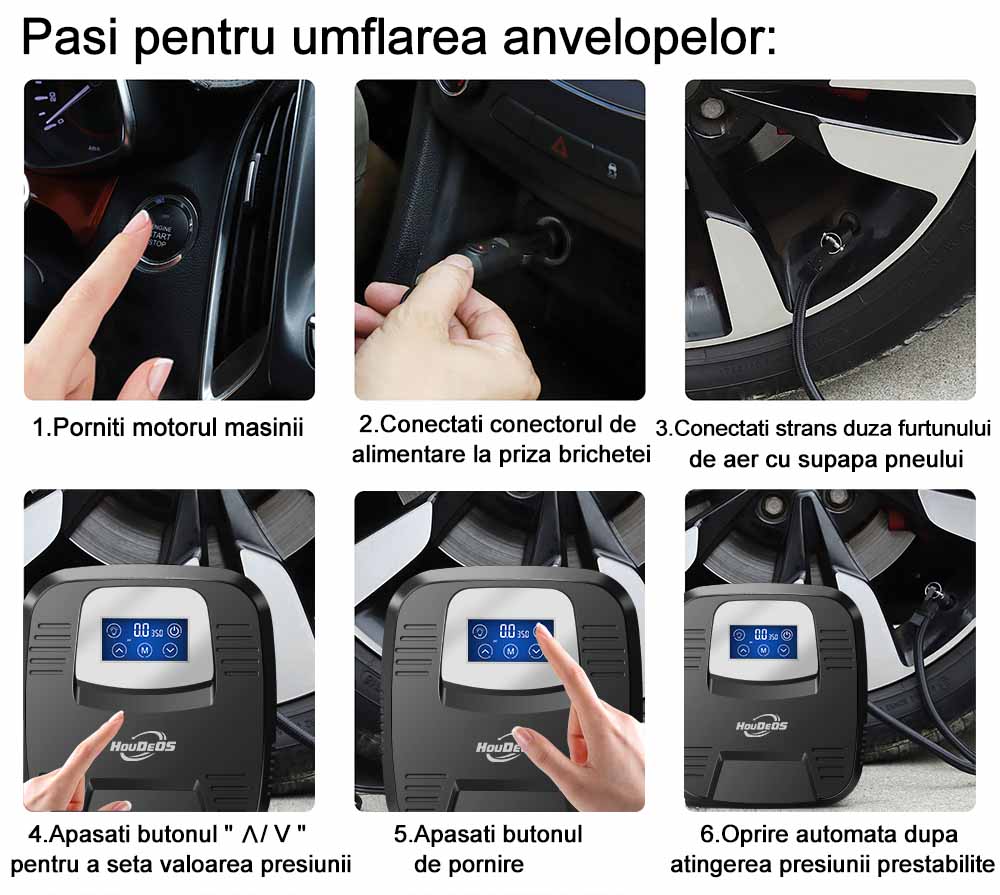 Compresoare auto 12V HouDeOS, maxim 10 bar / 150 PSI, 35L/min, Operarea ...