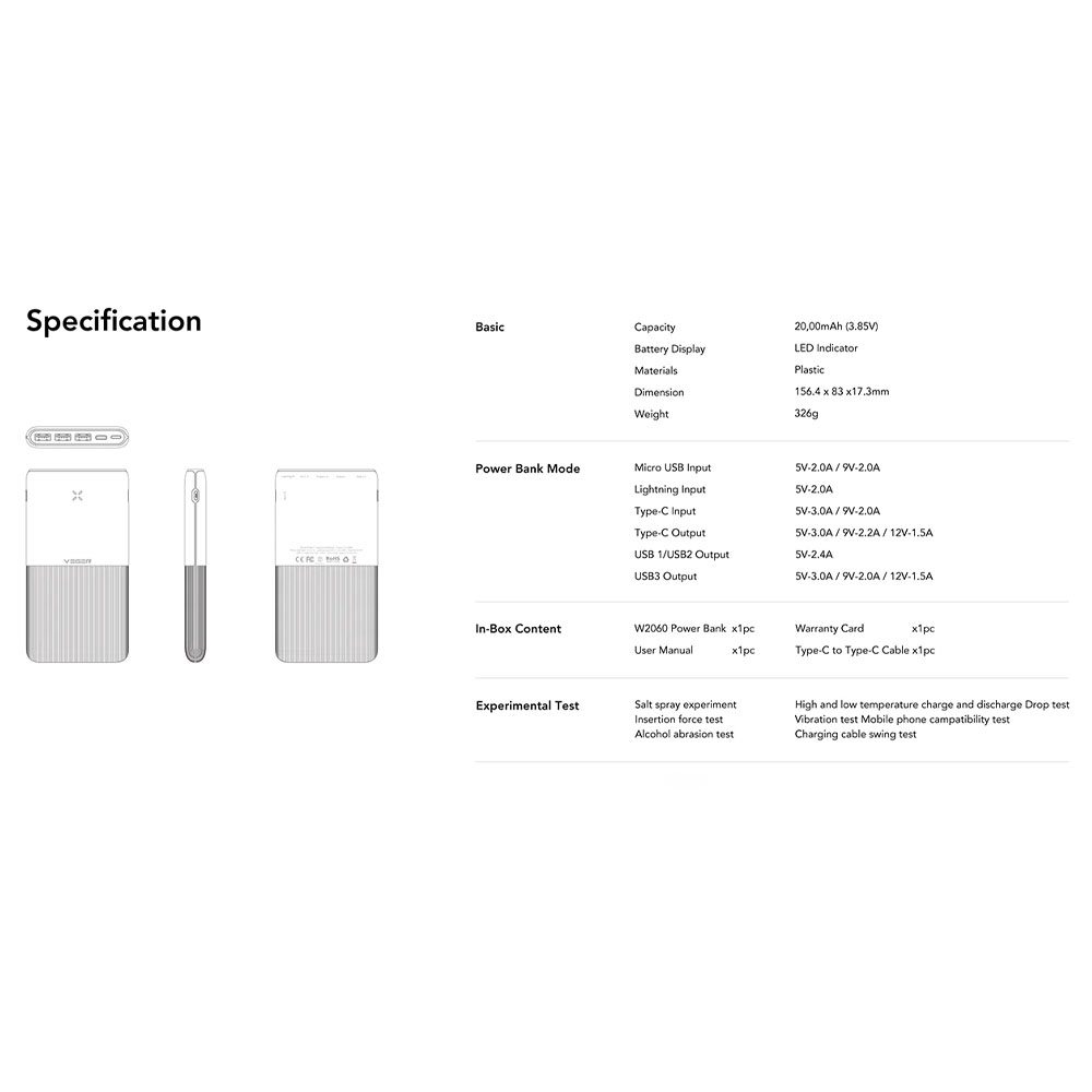 Baterie externa 20000mAh, Power bank portabil, Input Micro USB, Cablu ...