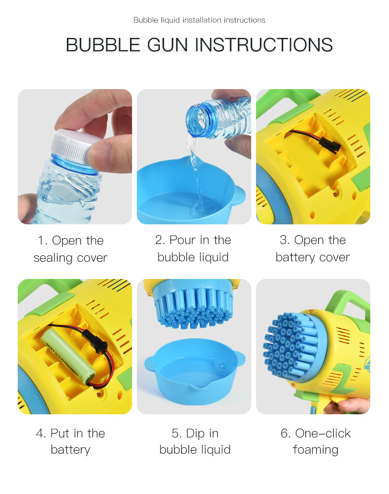 Szappanbuborék pisztoly, Zola®, 48 lyuk, USB töltés, LED lámpa, sárga ...