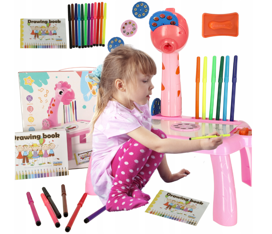 Детска маса за рисуване, Zola®, с проектор във формата на жираф, 3 ...