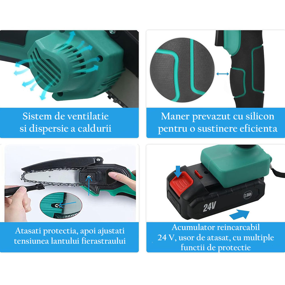 SIKS mini hordozható elektromos láncfűrész / láncfűrész, 6 hüvelyk, 24V ...