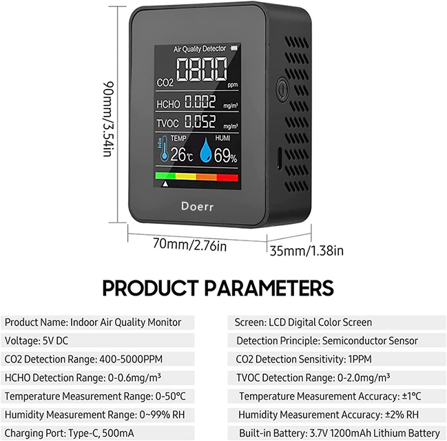 Aparat portabil masurare calitate aer, Doerr, 5 in 1, Senzor de ...
