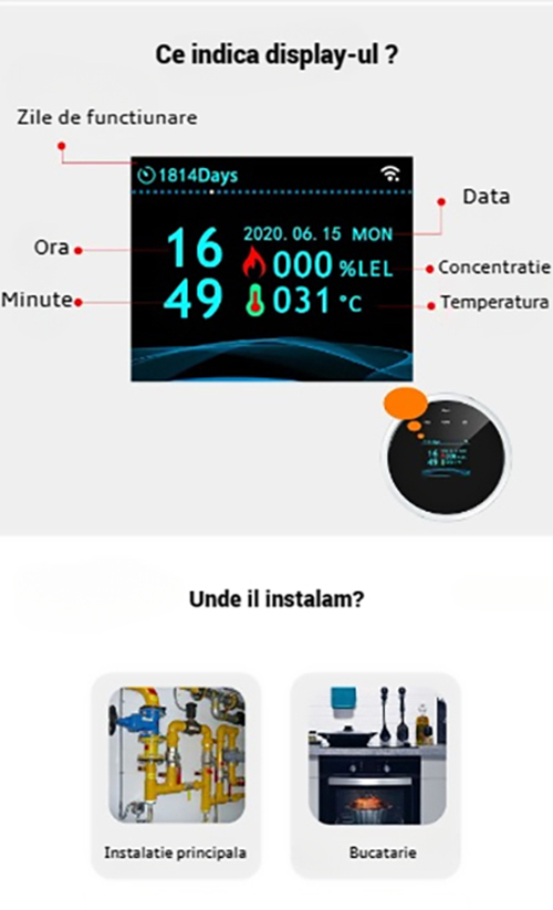 Detector de Gaz, Doerr, Wireless, Senzor termic integrat, WiFi 2.4 GHz ...