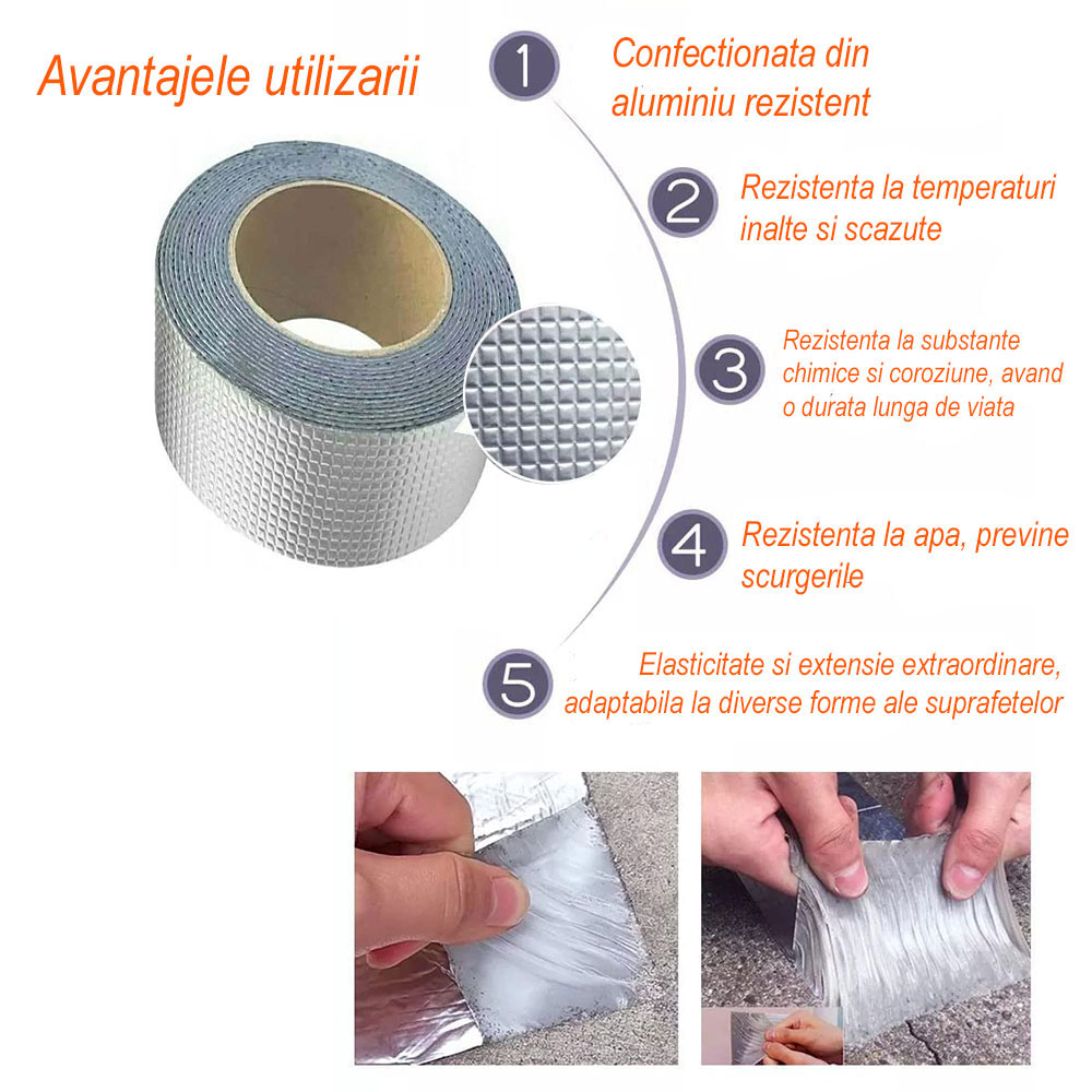 Banda Adeziva EDAR Pentru Reparatii, Finisaj din Aluminiu, Rezistenta la Intemperii, Previne ...