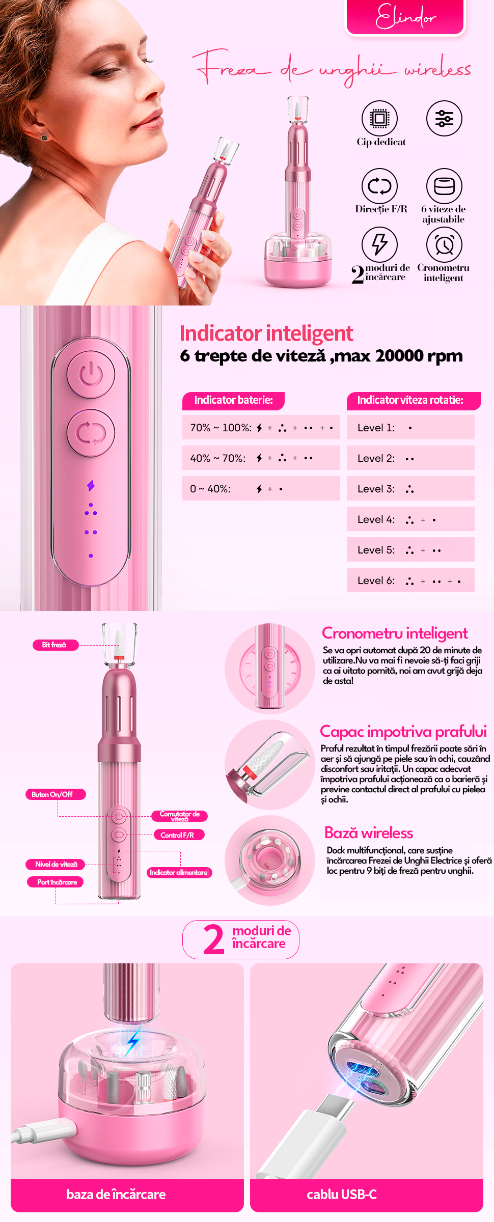 Elindor V2 professzionális körömreszelő, vezeték nélküli elektromos ...