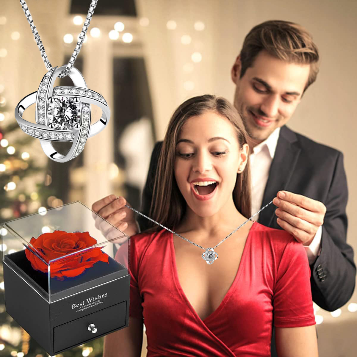 Set bijuterii dama, Argint/Metal/Diamant ecologic, Trandafir, Arginitiu ...