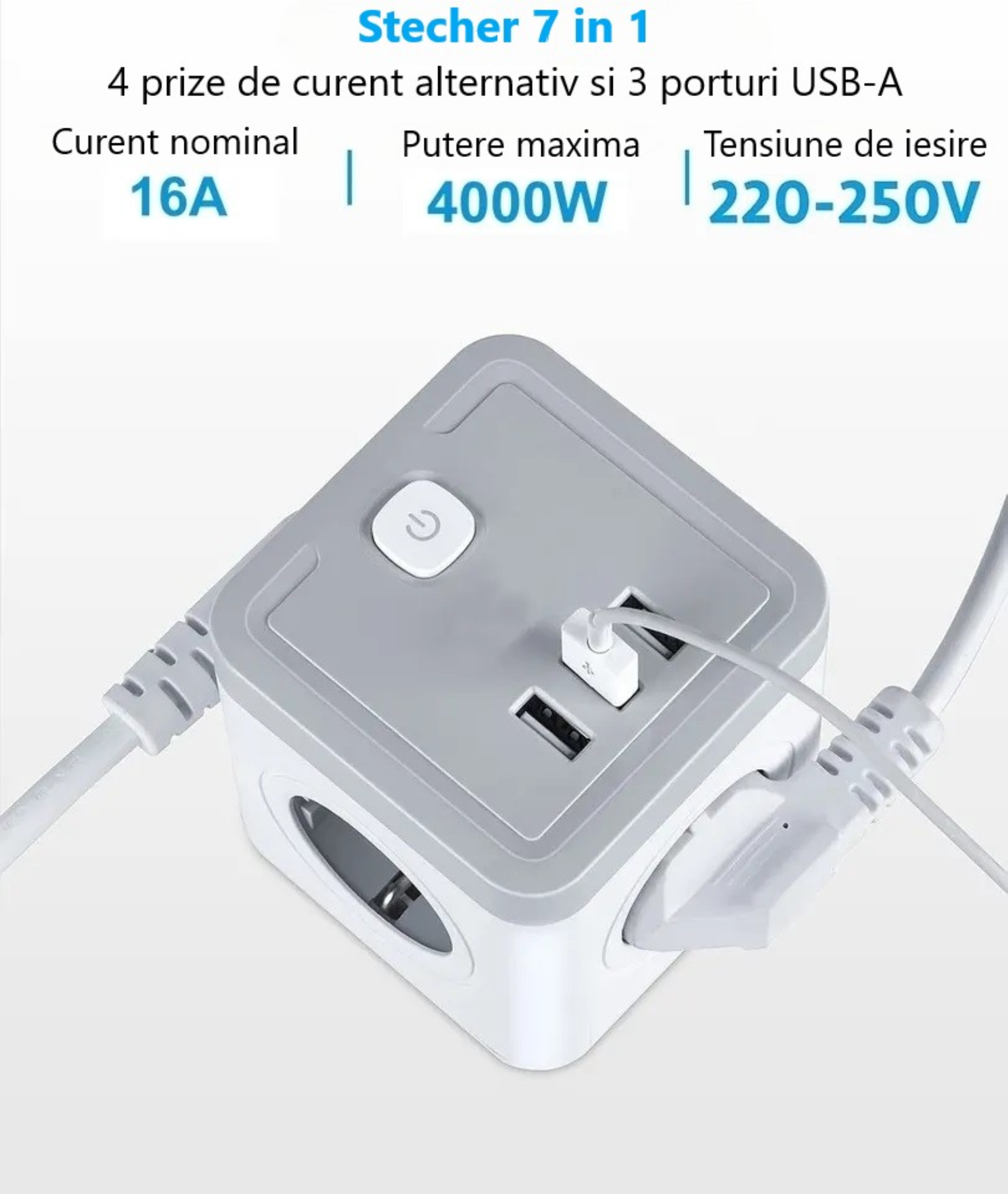 Stecher cu 4 prize si 3 porturi USB-A INNOVIO®, Putere mare 4000W/16A ...