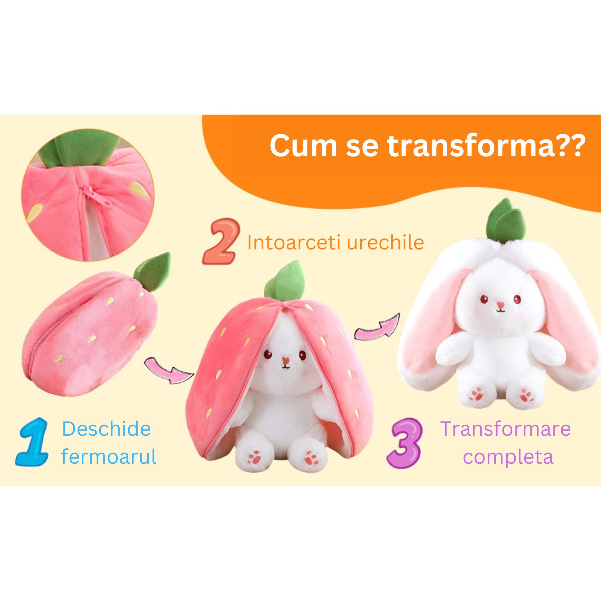 Jucarie de plus 2 in 1, Reversibila, Iepurasul Capsunica LUXEMATE®, 50 ...