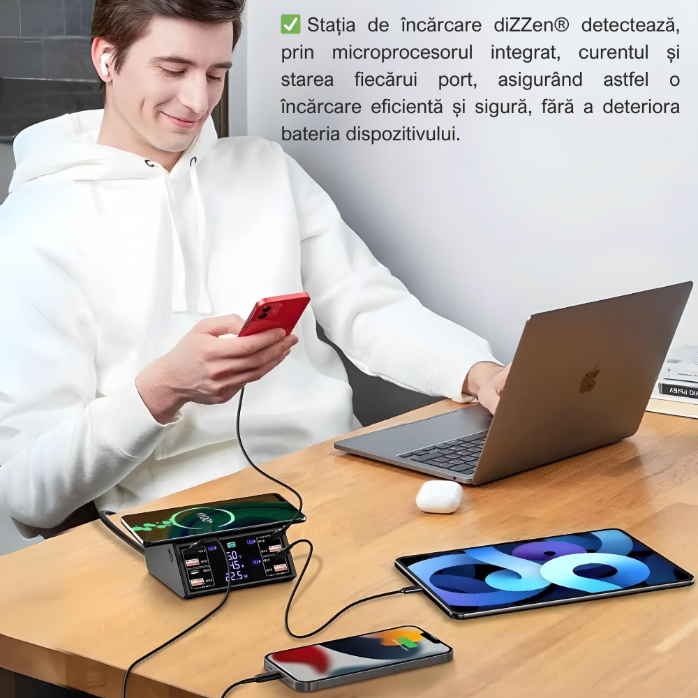 Statie incarcare wireless Qi 15W, diZZen®, 4 x USB-C max. 27W si 4 x ...