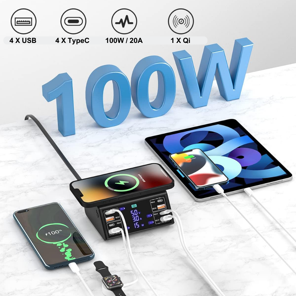 Statie incarcare wireless Qi 15W, diZZen®, 4 x USB-C max. 27W si 4 x ...