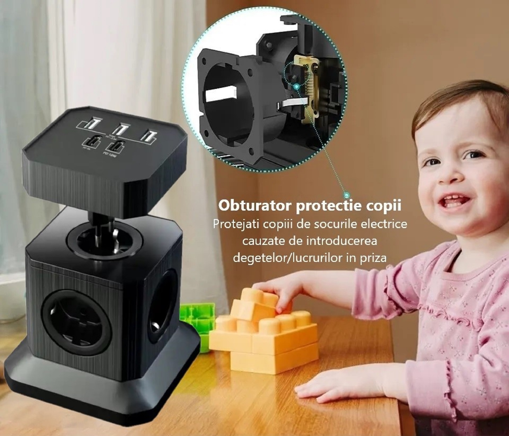 Prelungitor tip cub detasabil INNOVIO®, Putere mare 4000W/16A, 5 priza ...