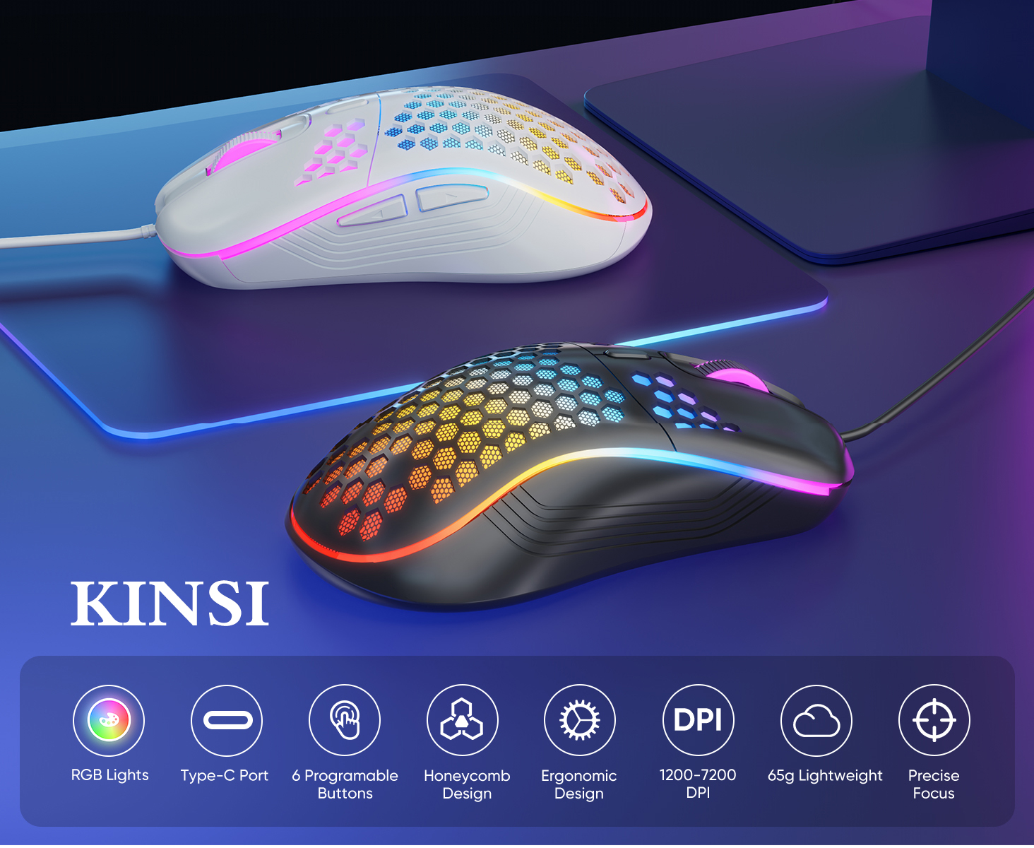 Мишка Gaming KINSI, USB, 7200 DPI Регулируема, RGB LED, черна - eMAG.bg