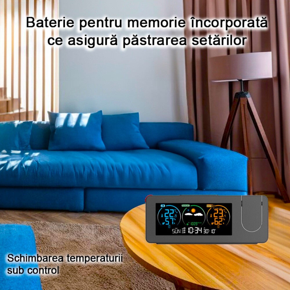 Ceas meteo cu proiectie 72DESI, ecran color LCD, proiecteaza ora si ...