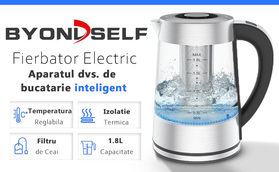 Fierbator Electric, BYONDSELF®, 1.8L, 1800W, Iluminare Led, Temperatura ...
