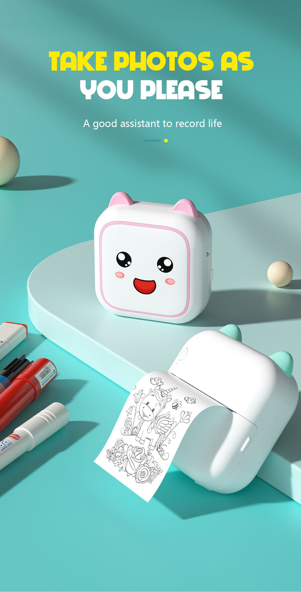 Mini imprimanta termica si 14 role hartie 57x25mm, cu stilouri colorate ...