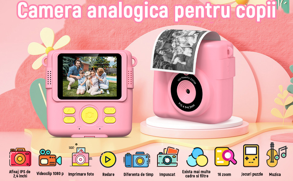 Camera foto digitala pentru copii, imprimare instantanee, 1080P HD, 2.4 ...