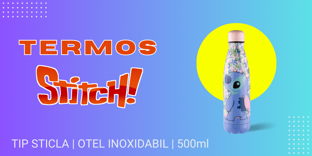 Termos din otel inoxidabil Stitch, tip sticla, perete dublu, capac ...