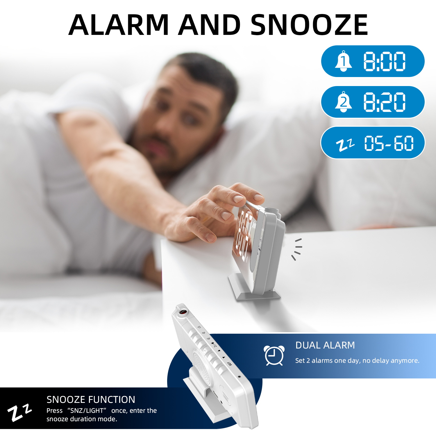 Ceas digital LED cu proiectie ora pe tavan/perete, Alarma duala, Port ...