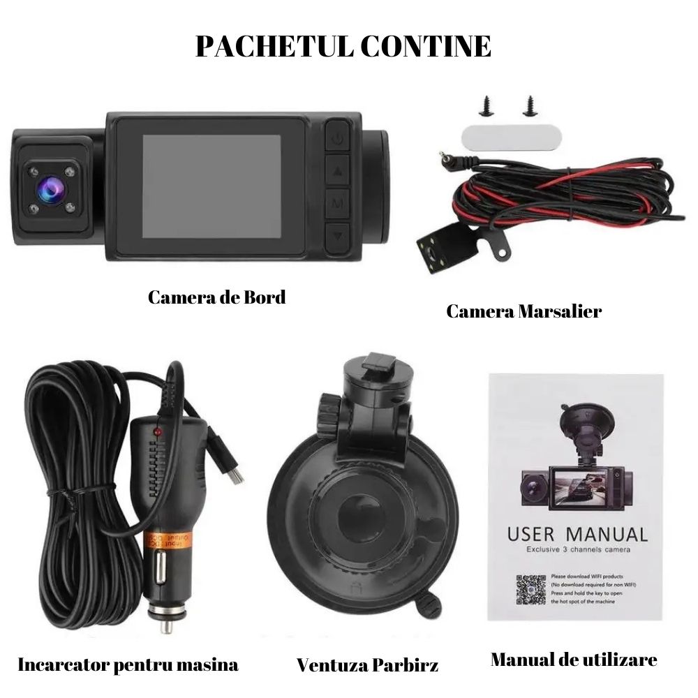 Camera Auto de Bord Tripla, Full HD 1080p, Inregistrare Bucla, HDR ...