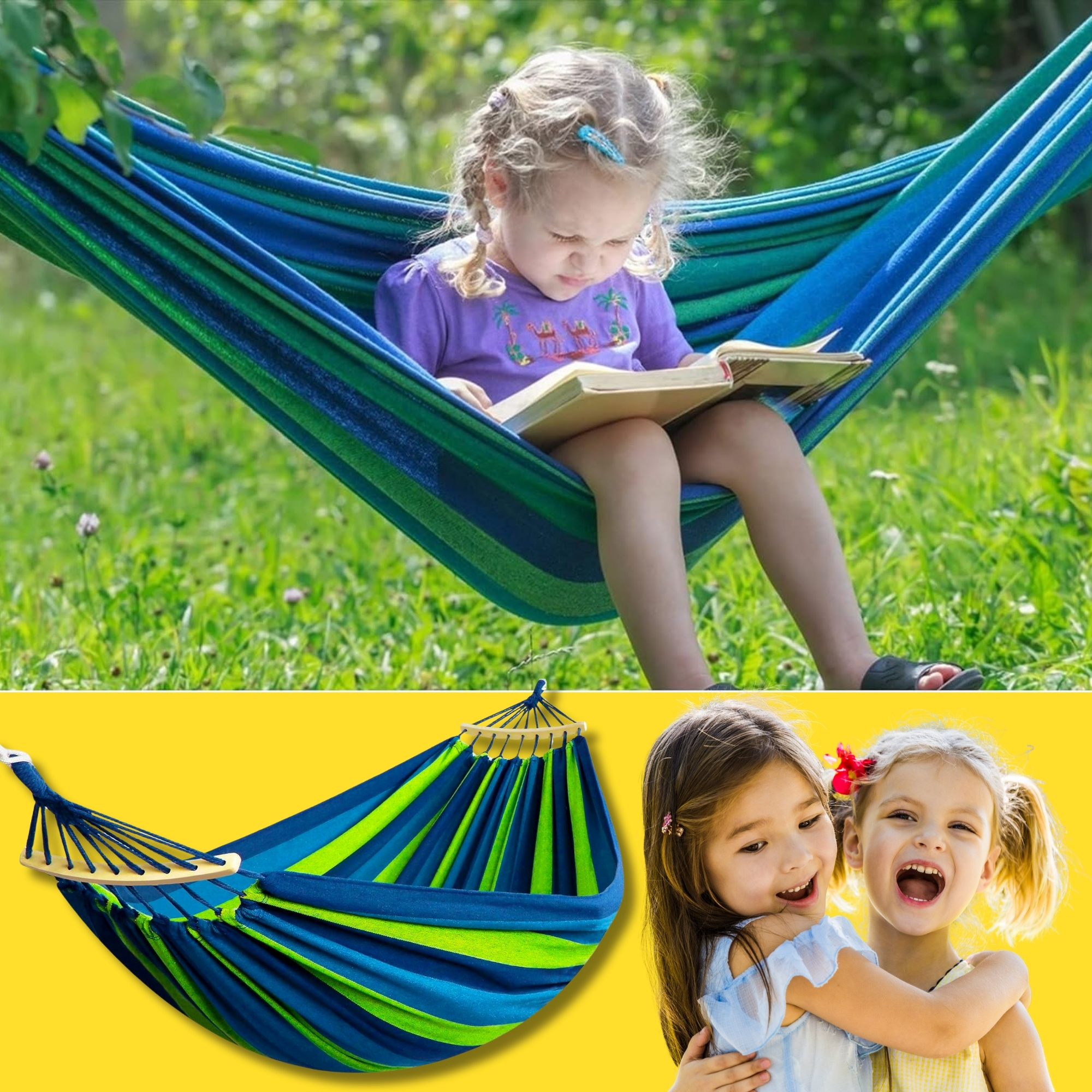 Hamac Dublu, De Gardina 260x150 cm GALAXIA®, cu bara din lemn, bumbac ...