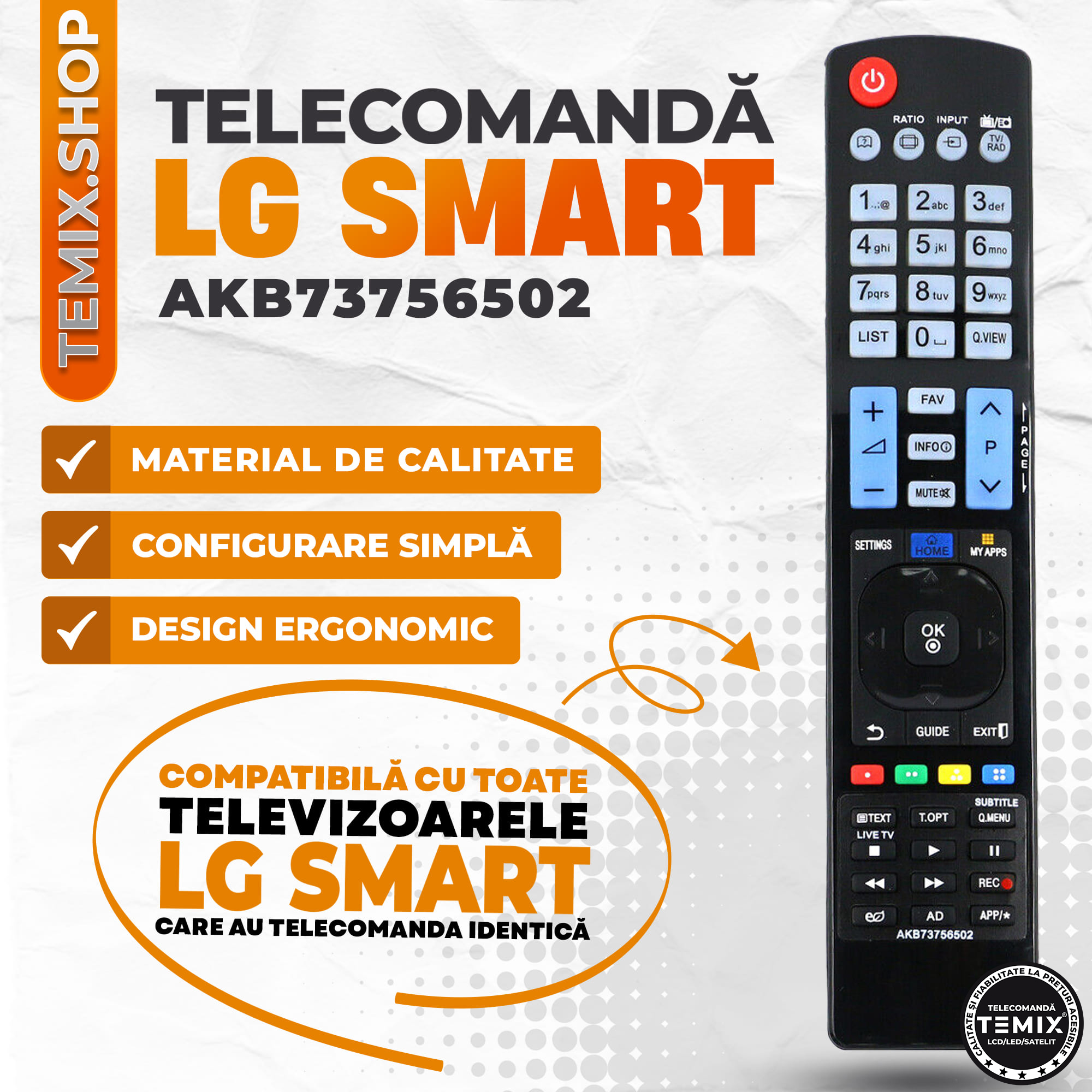 Telecomanda compatibila LG Smart, AKB73756502, butoane dedicate 3D, My apps, Smart, TEMIX ...