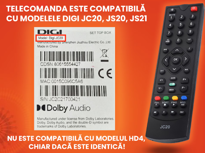 Telecomanda compatibila decodor Digi JC20, JS20, JS21, TEMIX®, neagra, baterii incluse - eMAG.ro