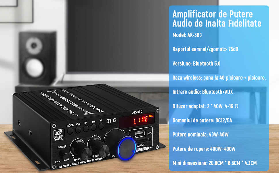 Amplificator audio cu adaptor alimentator si telecomanda, 400W x 2, cu ...