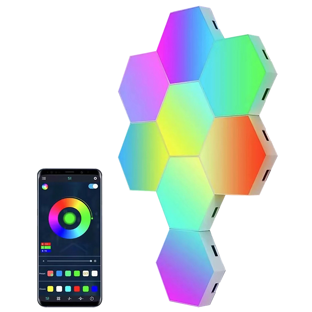 Set 10 lampi RGB hexagonale modulare de perete, NEXTLY, control prin ...