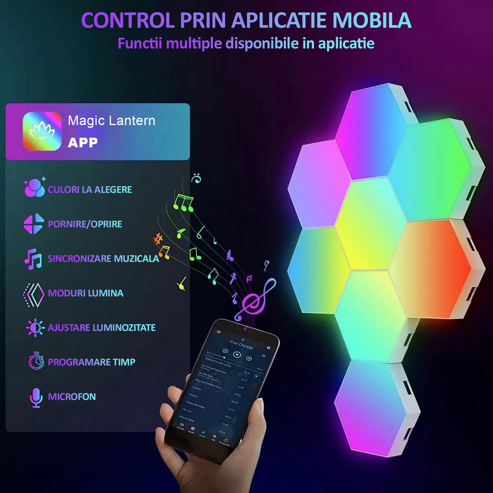 Set 8 lampi RGB hexagonale modulare de perete, NEXTLY, control prin ...