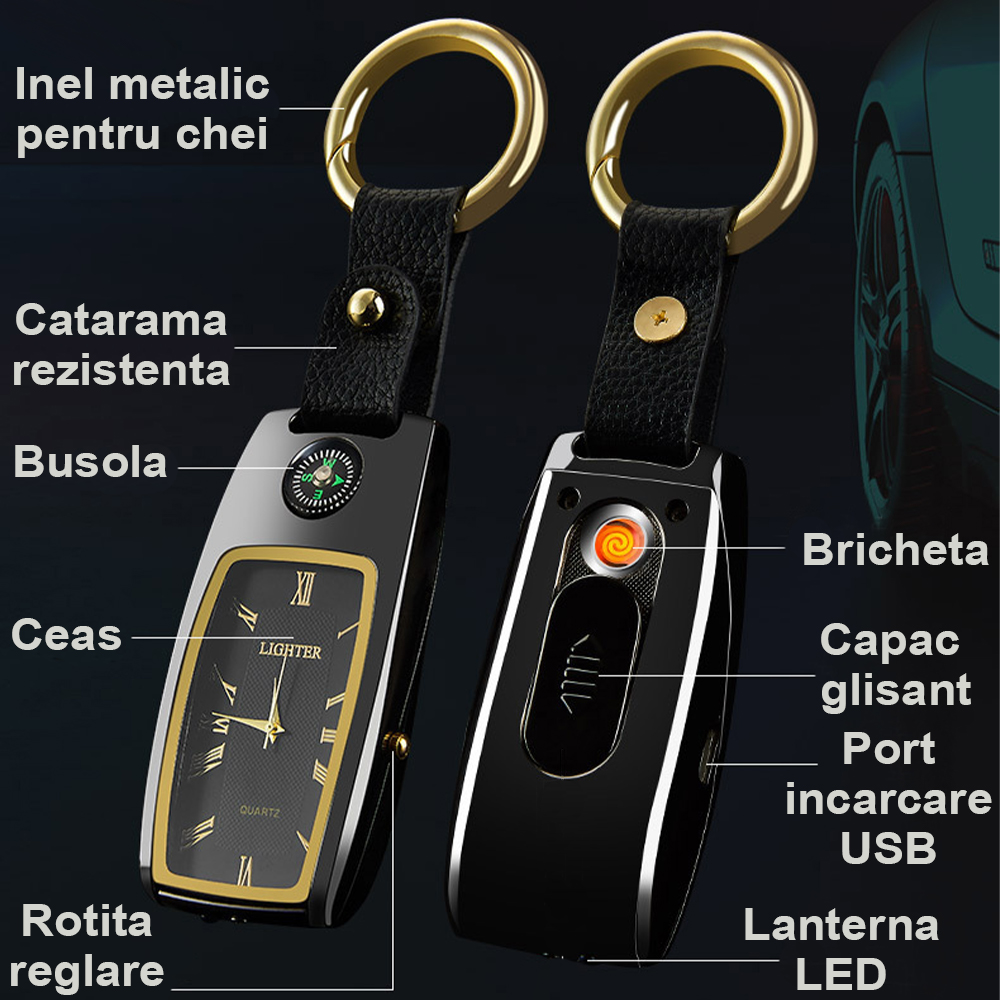 Bricheta electrica, 5 in 1, cu ceas quartz, lanterna, breloc, busola ...
