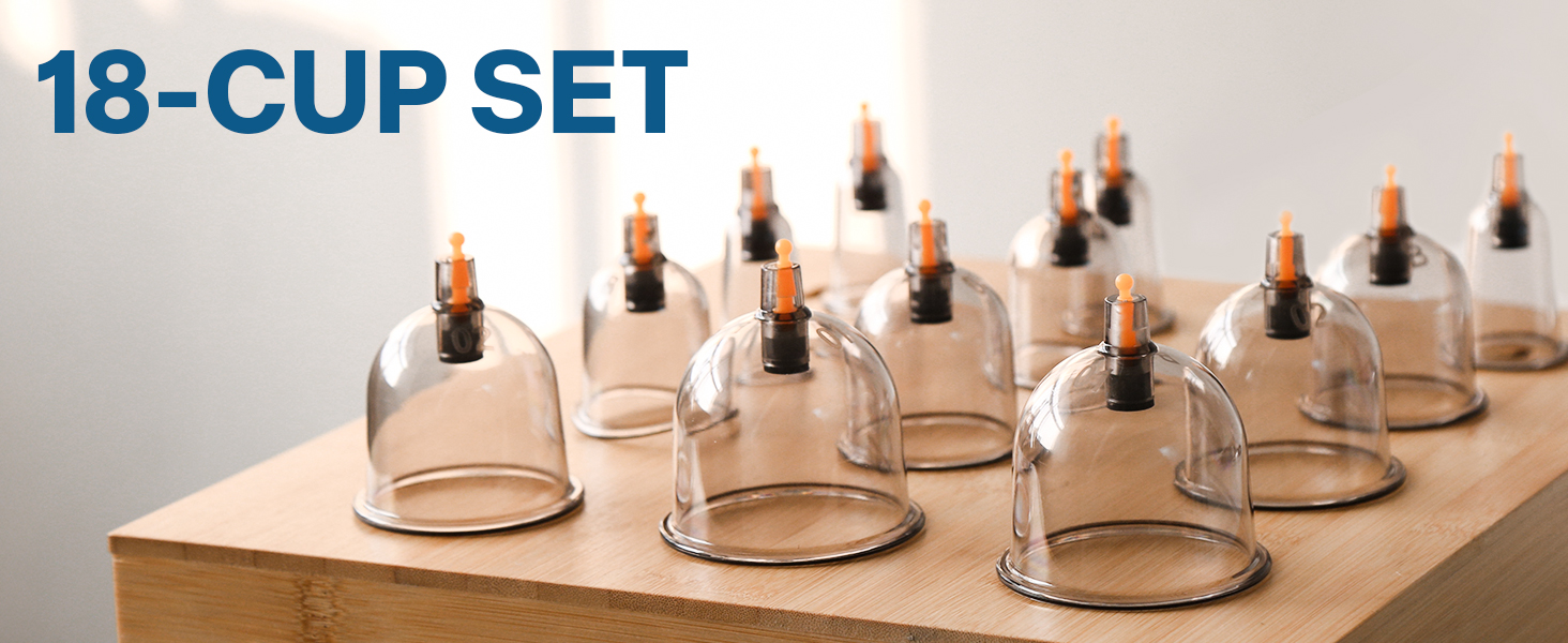 Комплект от 18 чаши за масаж, SHIJOOE®, Вакуум без огън с помпа, Терапевтична функция ...