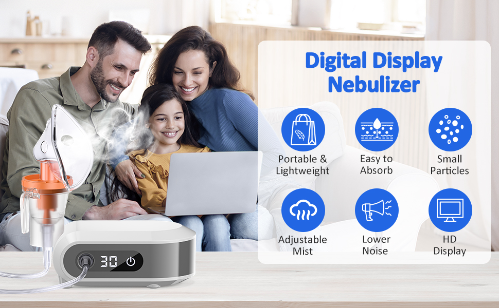 Aparat aerosoli SHIJOOE®, cu compresor，validat clinic，3 Moduri Ajustabile，Display digital ecran ...